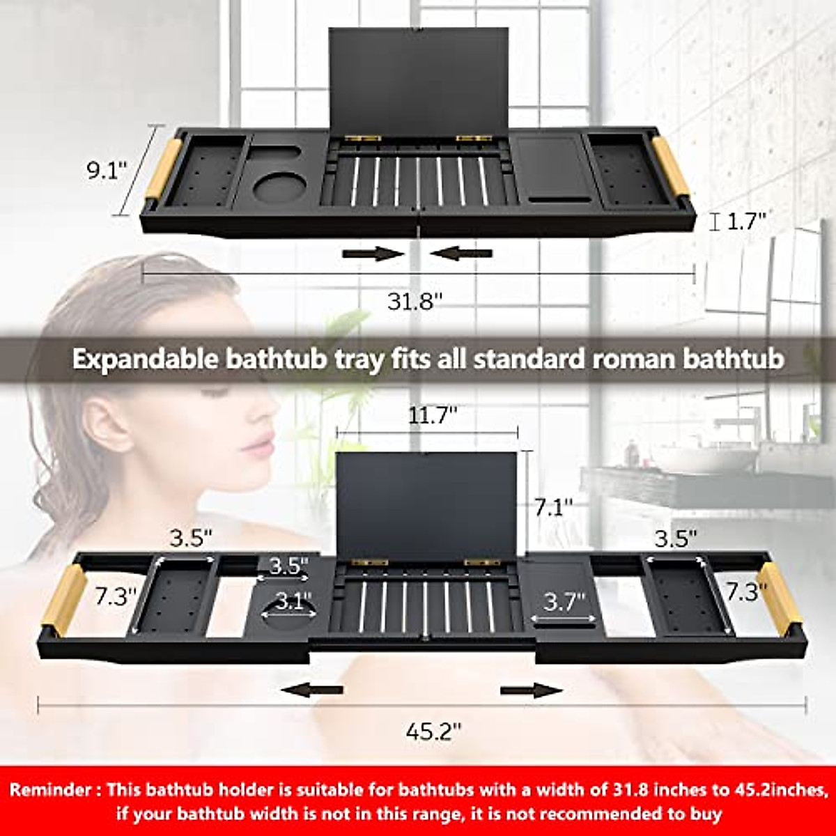 Bathtub Tray Bath Caddy Tray for Tub - Expandable Board and Book Stand Premium Leather Grip and Non-Slip Pat for Luxury Bath Bamboo Bathtub Table Tray for Home Spa and Gift Choice (Black)