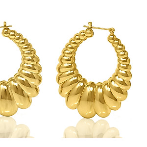 Pnk Trend Gold Plated Scalloped Hoop Earrings for Women-Oval Shaped Shrimp Puffy Hollow Hoop Door Knocker Domestic Earrings 40 mm/ 1.5 inch, Made in USA w/Jewelry Box