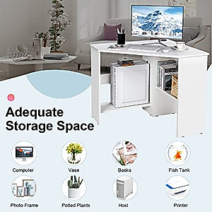 Tangkula White Corner Desk - 90 Degrees Triangle for Computer, Small Space, Bedroom, Makeup Vanity Desk with Storage Shelves & CPU Stand, Space Saving Writing Desk