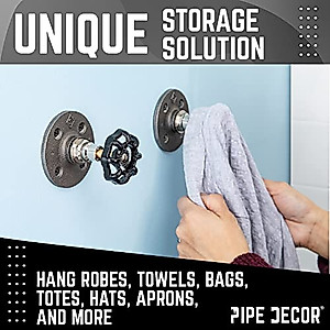 PIPE DECOR Coat Hook Black Industrial Water Spigot Valve Wall Mount with Real Iron Plumbing Flange for Home, Office or Retail Space 2-Pack