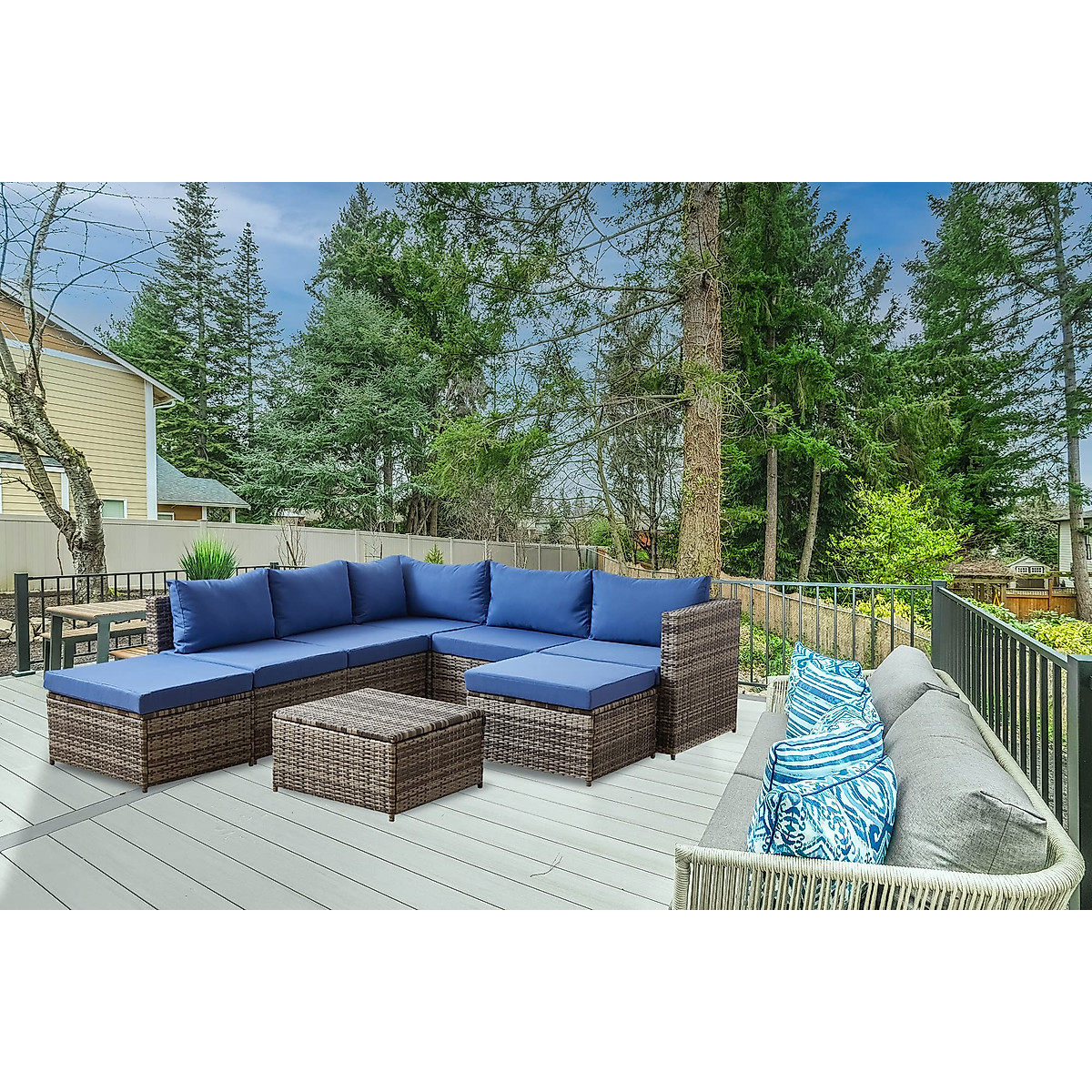 INSTORY 8 Pieces Outdoor Patio Sofa Sets All Weather Weaving Sectional Couch Furniture PE Rattan Wicker Patio Conversation Set with Storage Table (Brown Rattan,Blue)