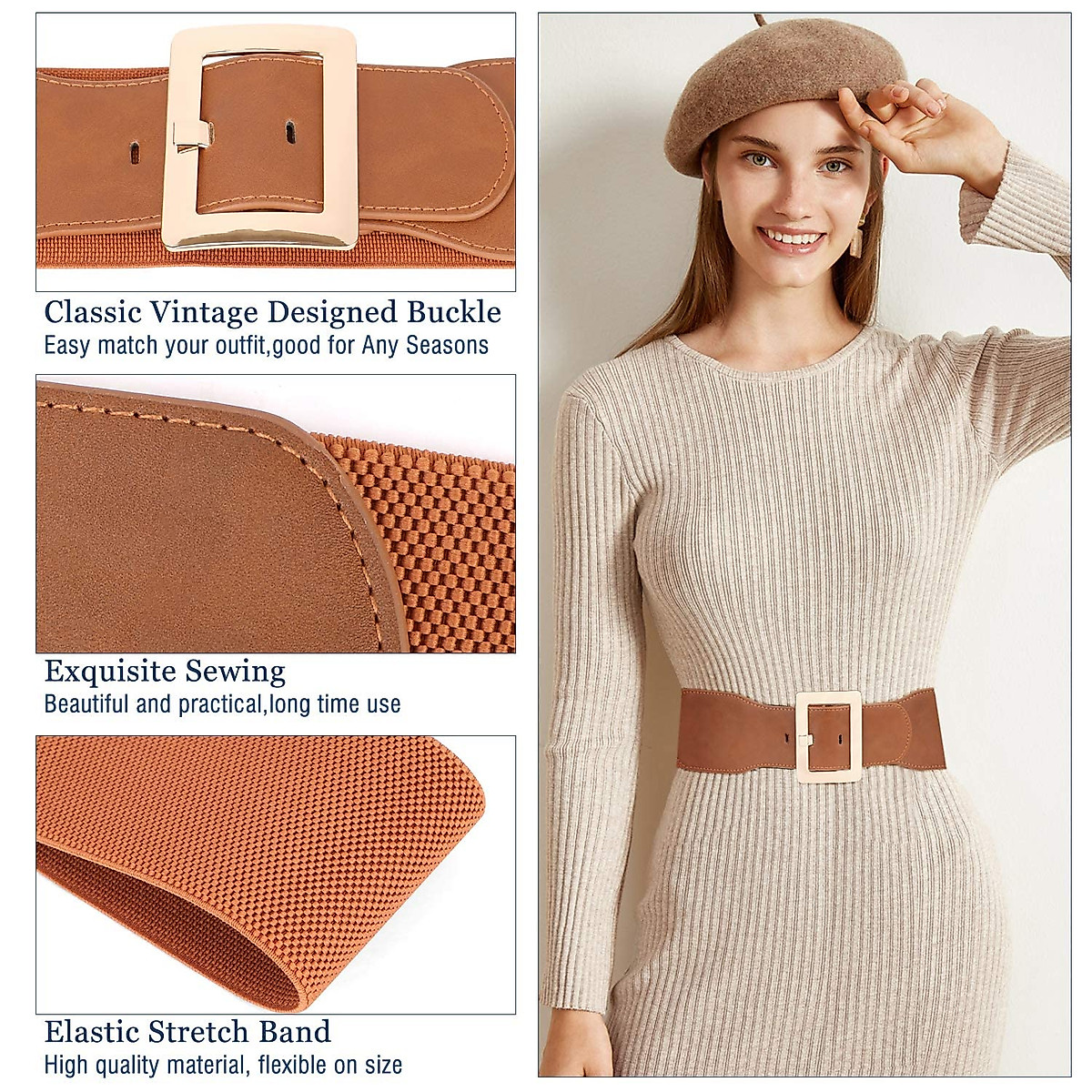 JASGOOD Women Dress Waist Belt Stretchy Elastic Vintage Belts for Dress with Metal Buckle