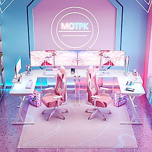 MOTPK White Gaming Desk with LED Lights, Carbon Fiber L Shaped Gaming Desk, Corner Gaming Desk L shape, Gamer Desk Gaming Table with Monitor Stand & Cup Holder & Headphone Hook, 51 Inch, Gift Ideas