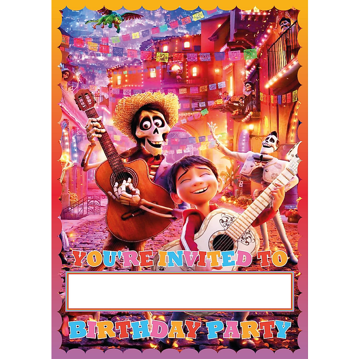 Set of 20 Coco -Themed Happy Birthday Invitation Cards & Envelopes - Lightweight (240g), Postcard Style Invites for the Perfect Party Pack