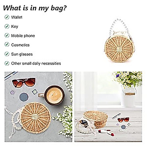 Welltop Round Rattan Bag, Beach Rattan Bag, Pearl Chain Bali Rattan Round Bag Straw Rattan Bags for Women Bohemian Straw Basket Wicker Handwoven Handbag Vacation Essential Cute Straw Totes
