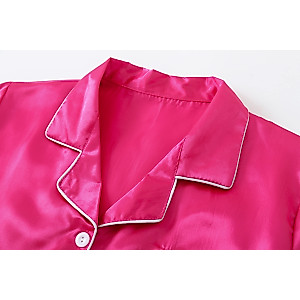Vopmocld Big Kids Unisex Pjs Set Girls Boys Silk Pajama Sets Satin Clasic Sleepwear Summer 2 Pieces Button Down Nighty, Rose 10