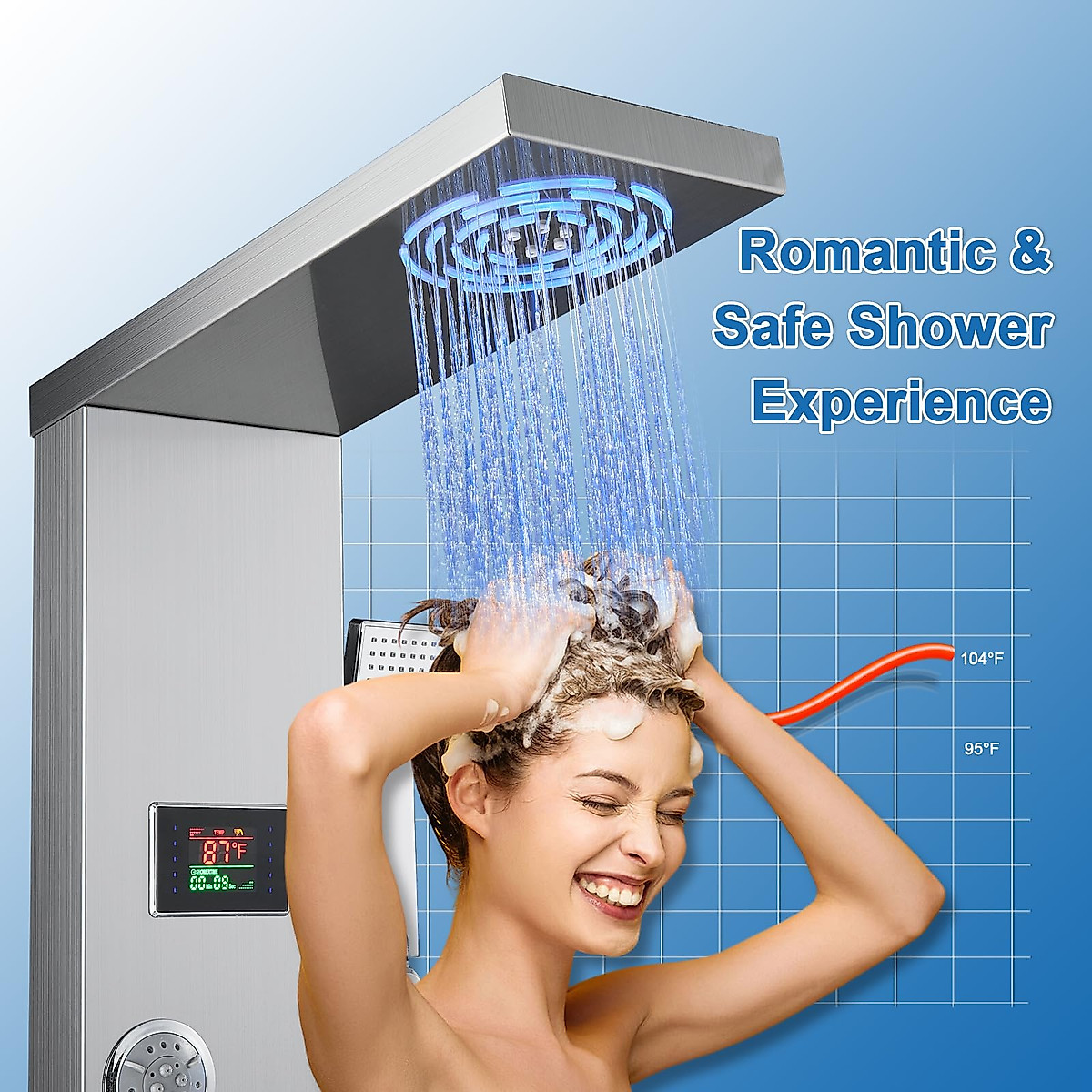 OUGOO Shower Panel System with LED Lights Rainfall Mist Shower, Body Jets, Handheld and Tub Spout, Shower Tower Column with Temp Display No Battery Needed, 304 Stainless Steel Brushed