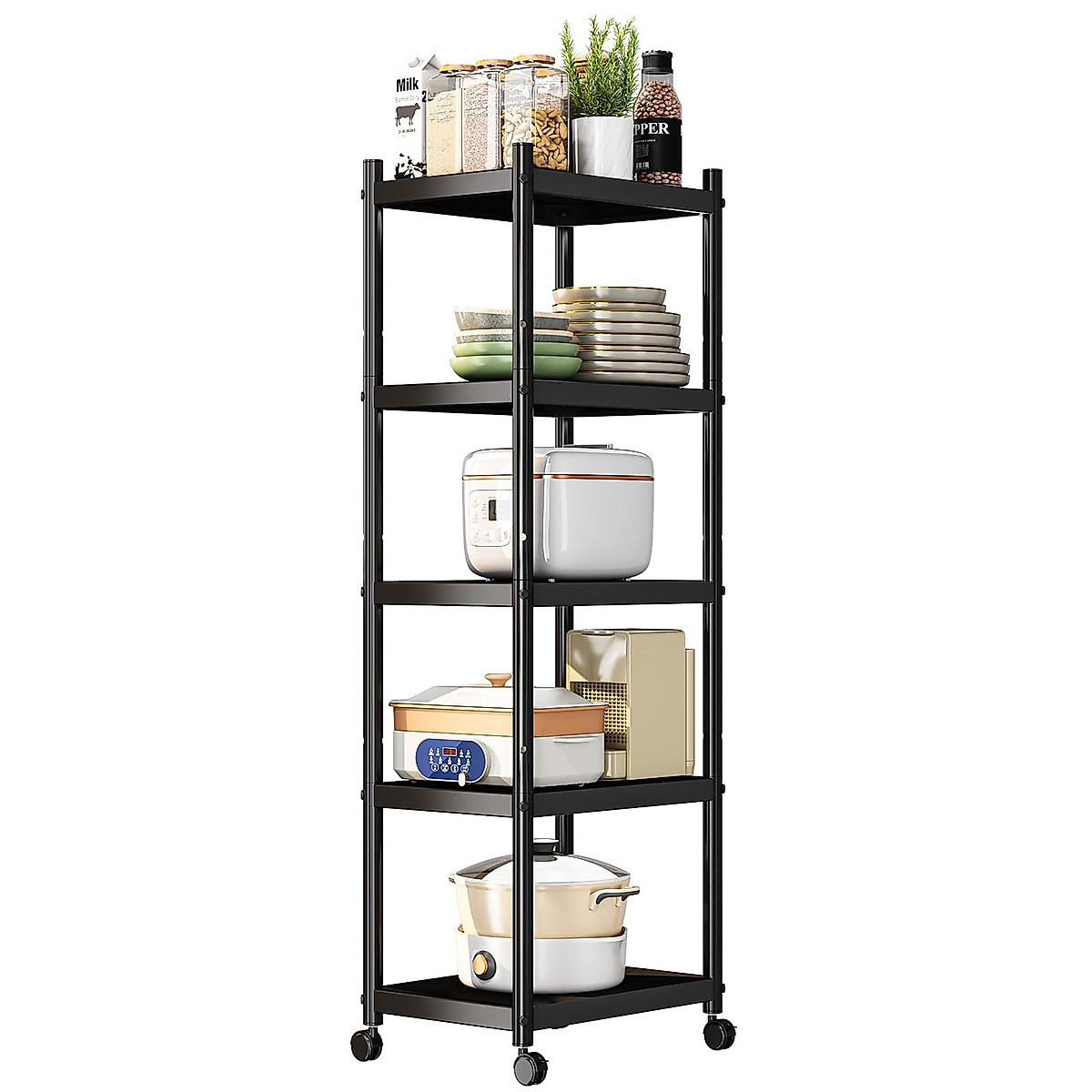 caktraie 5-Shelf Heavy Duty Shelving,Metal Utility Storage Racks with Rolling Wheels, Adjustable Kitchen Storage Rack, Black…