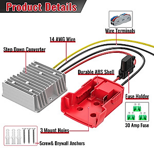 18V to 12V Step Down Converter for Milwaukee M18 Power Wheels Battery Adapter DC 12V 20A 240W Buck Converter Regulator with 30A Fuse & Wire Terminal
