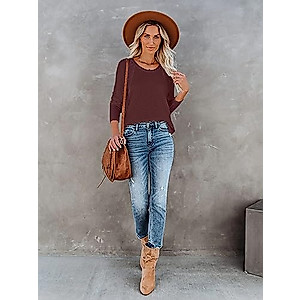 SOLERSUN Womens Waffle Knit Tops Long Sleeve Crewneck Casual Loose Blouses Lightweight Pullover Jumper 2023 Fall Jujube red M