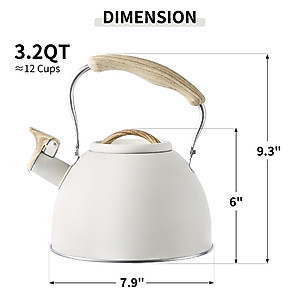 LONFFERY Tea Kettle, 3.2 Quart Whistling Tea Kettle, Tea Kettle for Stove Top, Food Grade Stainless Steel Tea Pot with Wood Pattern Folding Handle - Creamy White