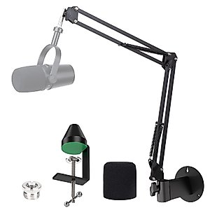 YOUSHARES MV7 Wall Mount Boom Arm Stand with Mic Windscreen and Table Mount Clamp, Mic Stand Arm with Pop Filter Compatible with Shure MV7 and Shure MV7X Microphone