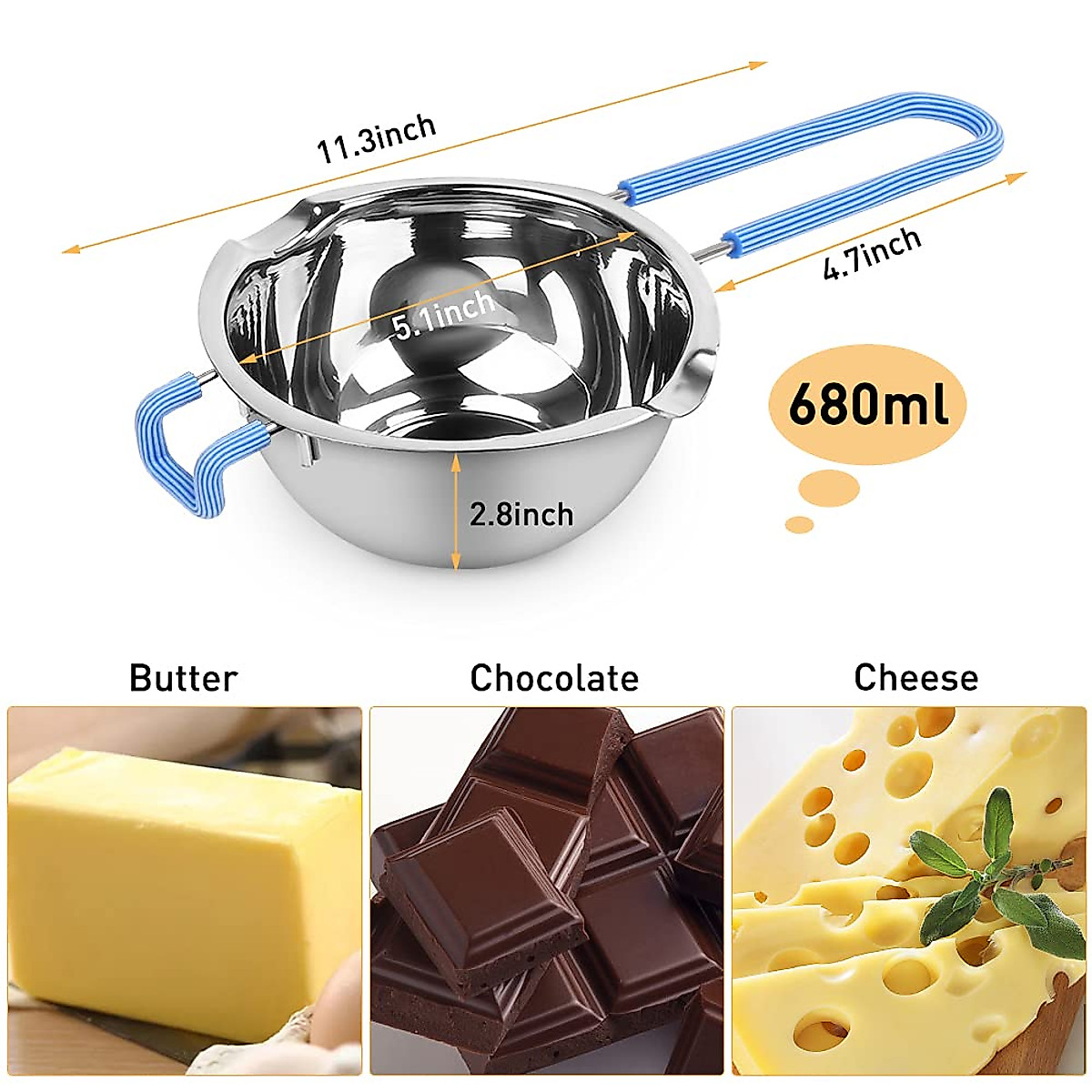 680M Double Boiler Pot Set,0.7QT Chocolate Melting Pot and 1600ML/1.7QT Stainless Steel Pot,Insert Melting Pot with Heat Resistant Handle for Chocolate,Butter,Candle,Candy and Soap