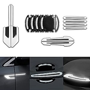Xotic Tech Car Side Door Marker Rearview Mirror Edge & Door Handle Protector Guard Cover Warning Sticker Set, Carbon Fiber Pattern w/Reflective Safety Strip (White)