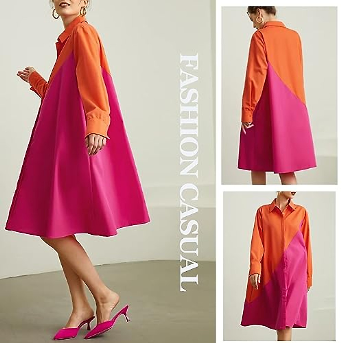 L Red Polka Dots Women's Casual Shirt Dress Shirt Collar Long Sleeve Shift Midi Dresses Fashion Office Daily Loose Print Dress with Pockets