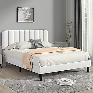 VECELO Queen Size Upholstered Bed Frame with Adjustable Headboard, Velvet Platform Bedframe Mattress Foundation, Strong Wood Slat Support, No Box Spring Needed, White