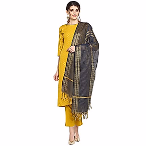 Janasya Indian Women's Mustard Poly Crepe Kurta With Pant And Dupatta(SET197-KR-NP-L)