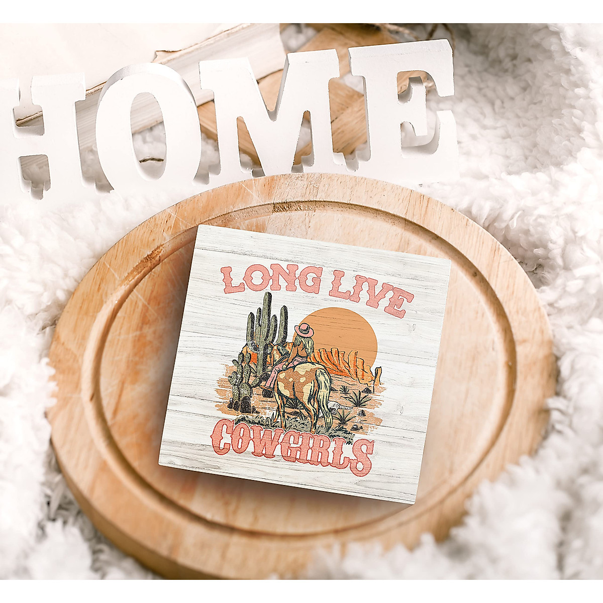 SRADMO Long Live Cowgirls Wood Box Sign Desk Decor，Retro Western Cowgirl Rodeo Theme Wooden Block Box Sign Decoration For Western Home Office Shelf Table Decor