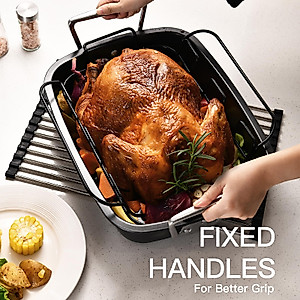 HONGBAKE Nonstick Turkey Roasting Pan with Rack, 17 x 13 Inch Large Chicken Roaster Pan for Oven, Suitable for 25lb Turkey, Heavy Duty, Dark Grey