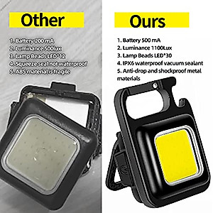 COB Keychain Work Light Mini Keychain Work Light 1000Lux Rechargeable Keychain Flashlight Small Flashlight Keychain Walking and Light Flashligh