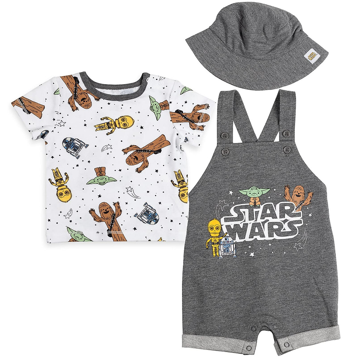 STAR WARS R2-D2 Yoda Chewbacca Newborn Baby Boys Short Overalls Graphic T-Shirt and Hat 3 Piece Outfit Set Grey 3-6 Months