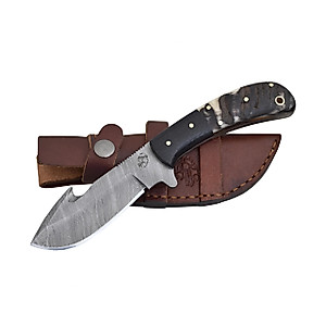 Knives Ranch Handmade Gut-Hook Skinning Knife - Ram's Horn Handle - Heavy-Duty Leather Sheath (2048-RH)