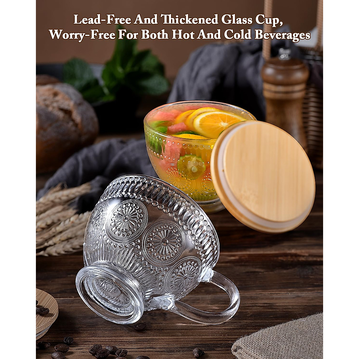 AJARAERA Glass Vintage Coffee Mugs Set of 6,16oz Glass Mugs, Clear Coffee Cups, Water Glasses, Drinking Glasses, Vintage Glass Coffee Mug Set for Holiday, Aesthetic Gift for Family