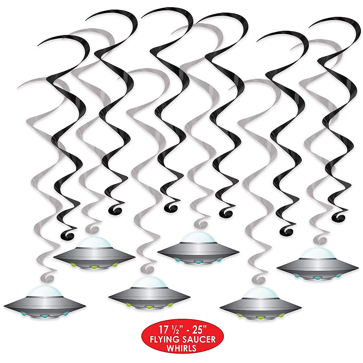 Beistle 24 Piece Flying Saucer Whirls Hanging Spirals, 17.5" - 25", Black/Silver/White/Blue/Green