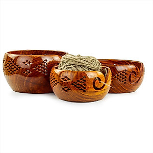 Premium Rosewood Crafted Yarn Storage Bowls with Decorative Carved Handmade Grills - Knitting & Crochet Accessories Supplies (Set)
