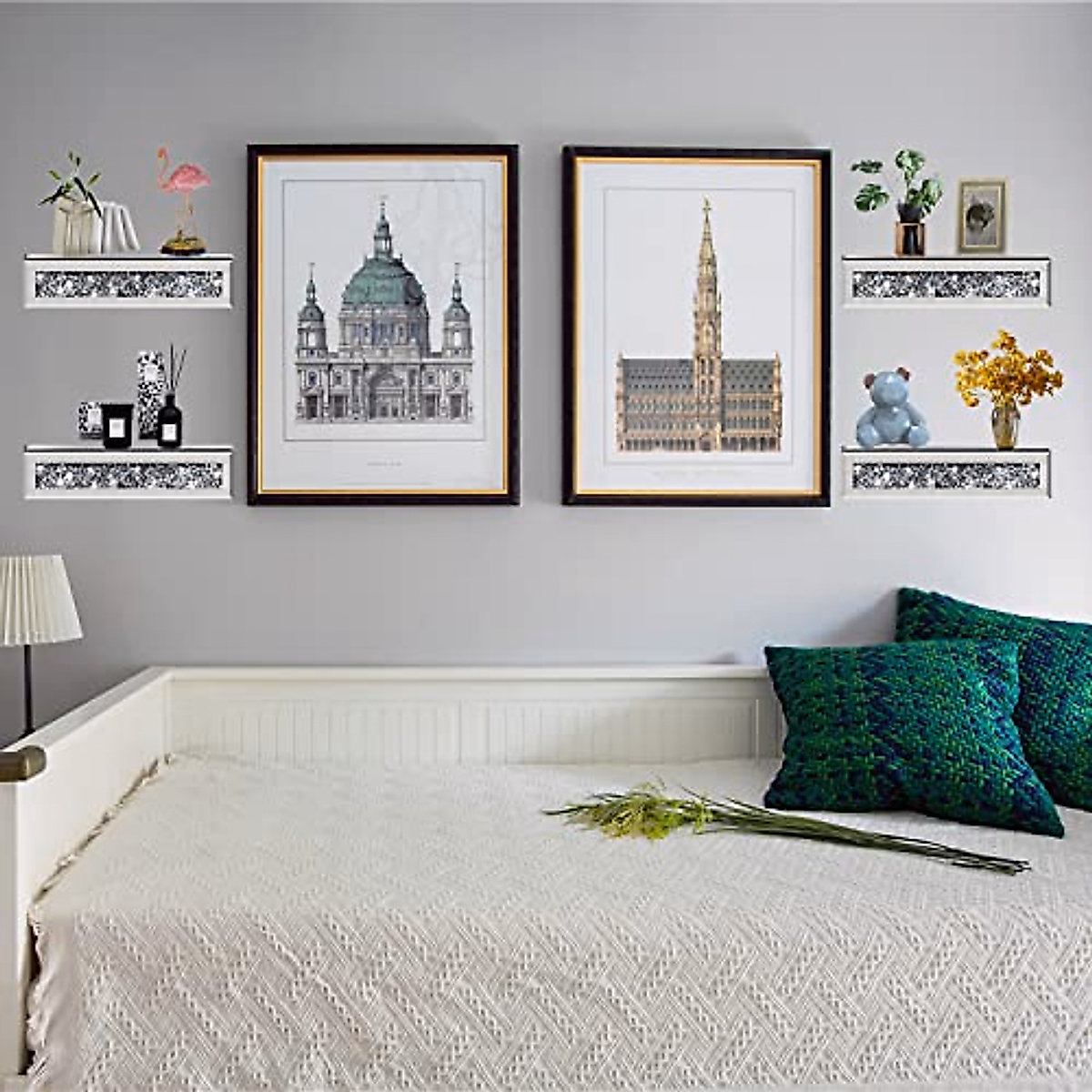 TACIDON Floating Wall Shelf Mirrored .Glamorous Crushed Diamond Crystals Wall Rack.Glass Display Ledge of Trophy and Photo Frame. Suitable for Living Room,Bathroom,Bedroom.(15”x6”x3”)