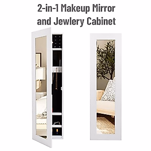 Mind Reader Jewelry Organizer, Full Length Mirror, Jewelry Armoire, Storage, Wall Mount, Wood, 12.5" L x 3.5" W x 43.5" H, White