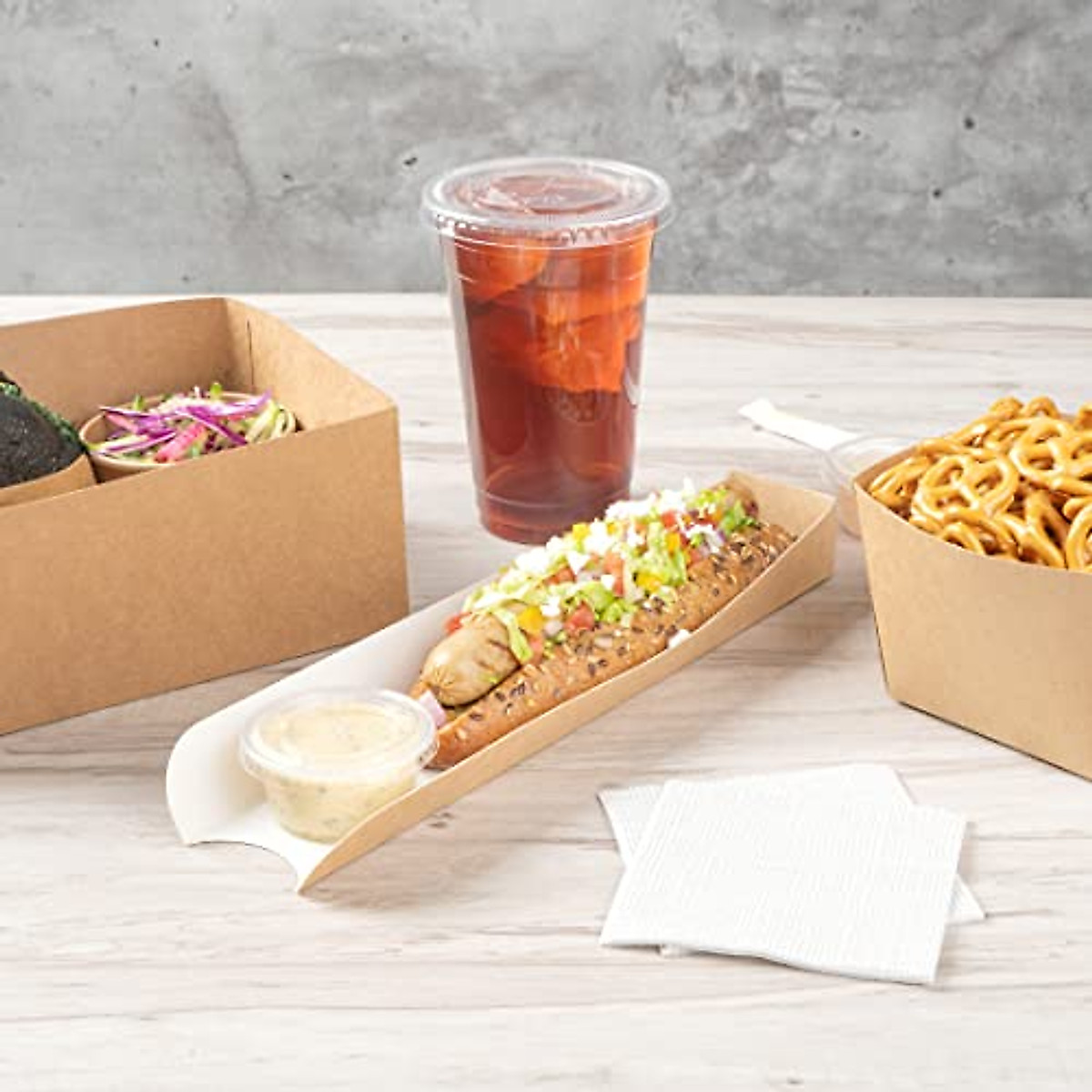 Restaurantware Bio Tek 11.8 x 2 x 1.3 Inch Hot Dog Trays 200 Open-Design Hot Dog Containers - Greaseproof Recyclable Kraft Paper Hot Dog Serving Trays
