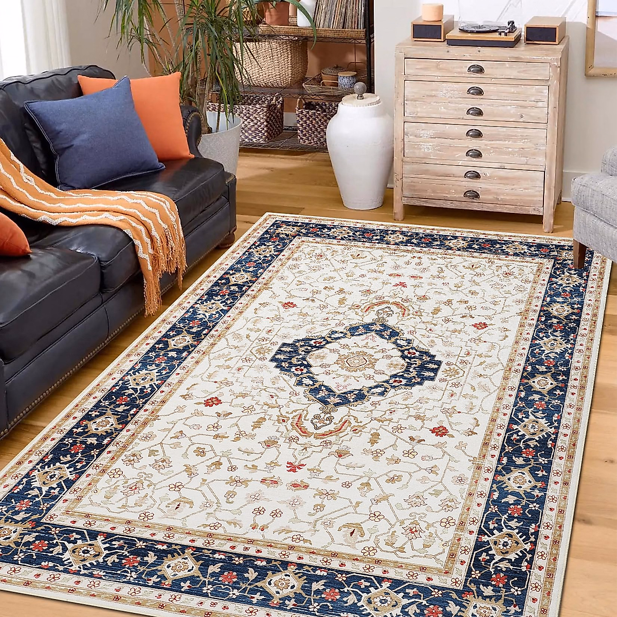 COZYLOOM 9x12 Large Living Room Area Rug Washable Rug Indoor Vintage Bedroom Rug with Rubber Backing Oriental Area Rug Throw Floor Carpet Floral Dining Room Large Carpet Home Office Rug, Gold