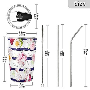 Jihqo Stripes Rose Print Tumbler with Lid and Straw, Insulated Stainless Steel Tumbler Cup, Double Walled Travel Coffee Mug Thermal Vacuum Cups for Hot & Cold Drinks 12oz