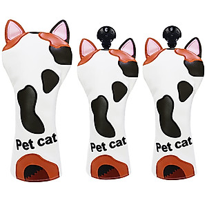 GOLTERS Golf Club Head Cover Cat Putter Headcover Blade Mallet Cover Driver Fairway Wood Elastic Bands Club Protection Fit Oversize Cover (1 3 5 Wood (White))