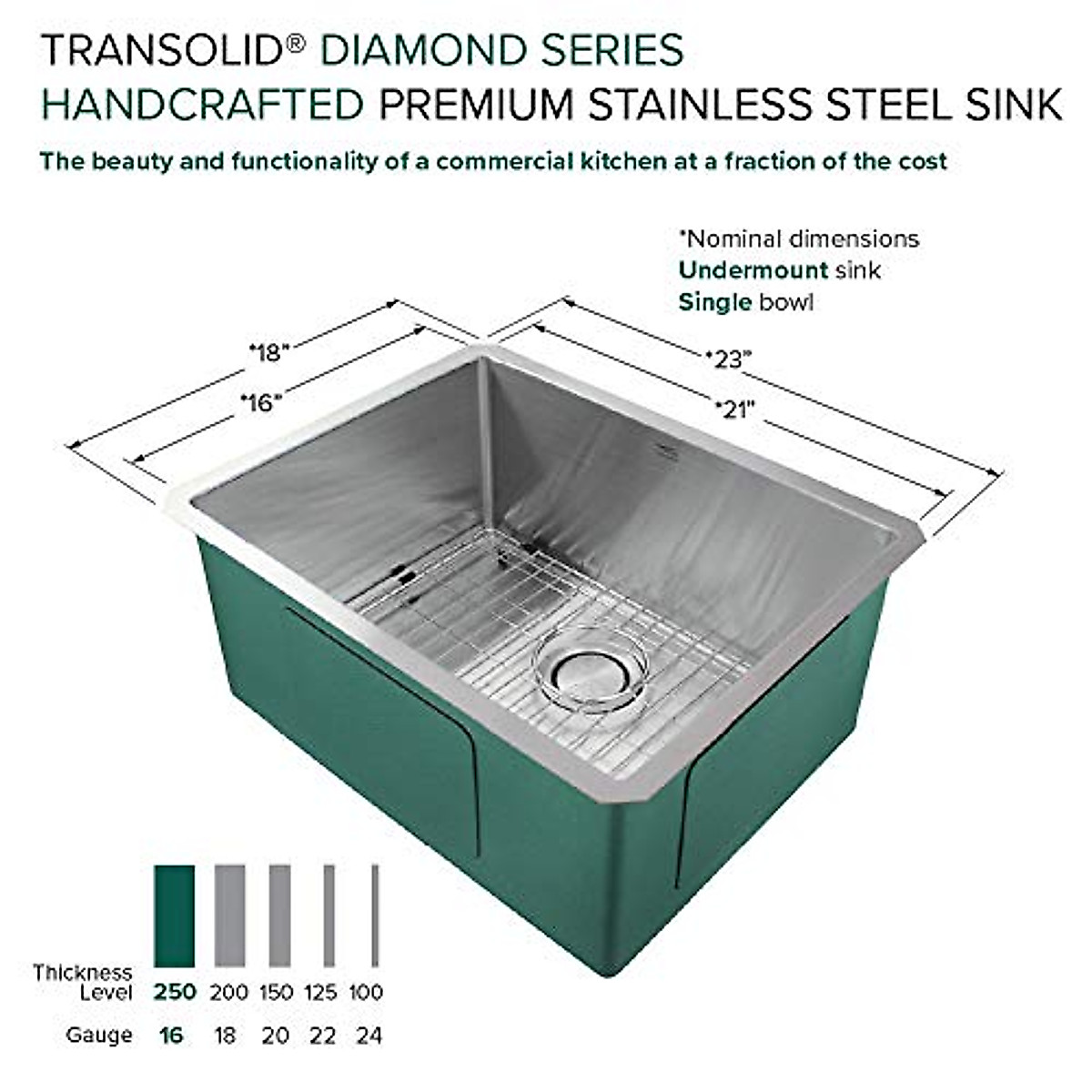 Transolid KKM-DUSB231810 Diamond 23-in L x 18-in W Single Bowl Undermount Kitchen Sink and Accessories Kit in Stainless Steel
