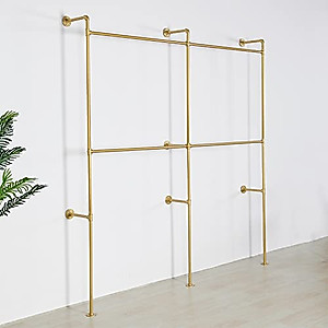 ZGZR Industrial Pipe Clothes Rack Metal Clothing Store Display Stands Wall Mounted Garment Rack, Heavy Duty Hanging Rod for Closet Storage, 89.8in Gold
