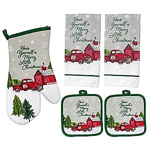 Christmas Pot Holders with Oven Mitt and Christmas Kitchen Towels Sets (Red Truck Design), Christmas Oven Mitts, Pot Holders and Oven Mitts Sets, Christmas Oven Mitts and Pot Holders