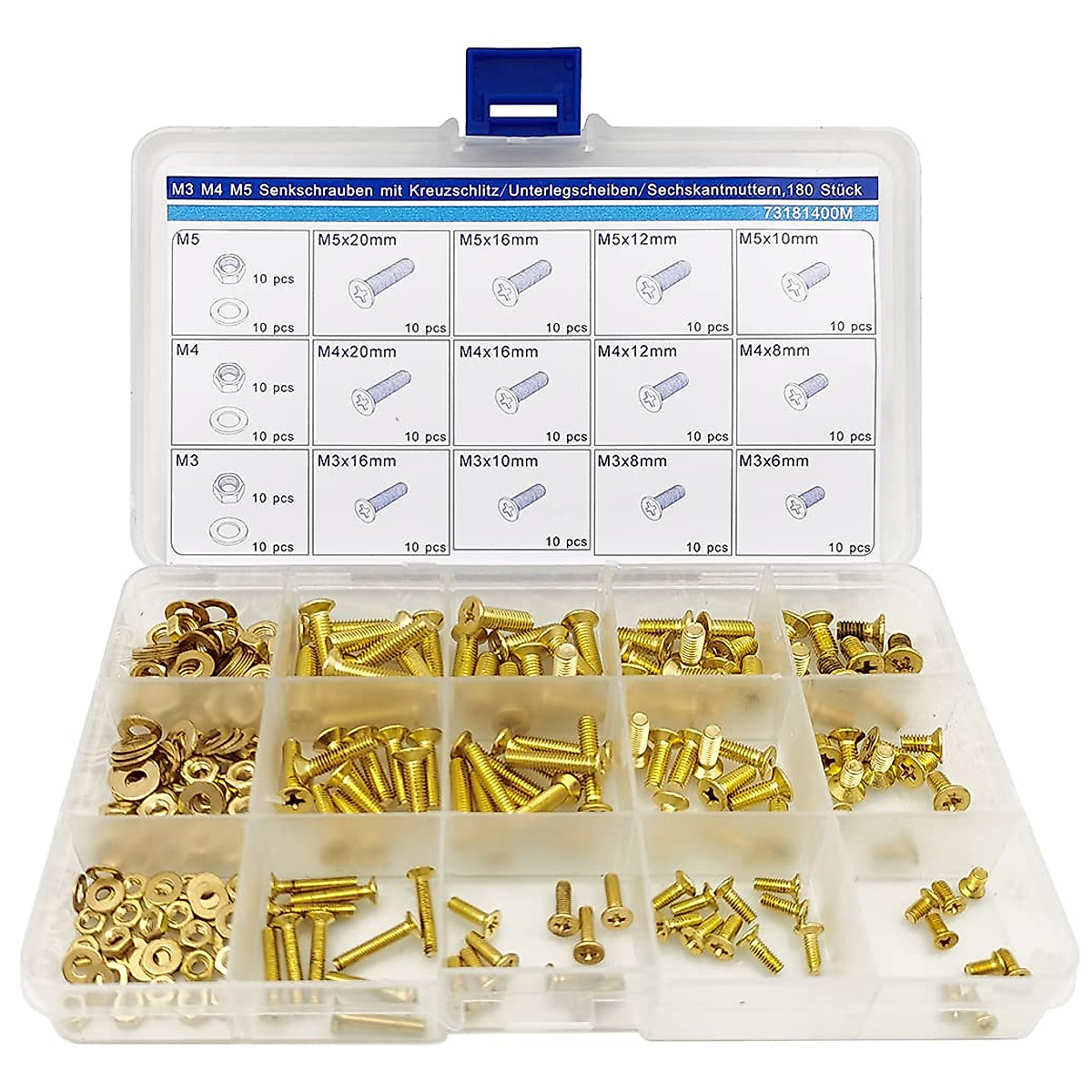 Huzstar M3 M4 M5 Phillips Brass Countersunk Head Machine Screws Nuts Washers Assortment, Copper