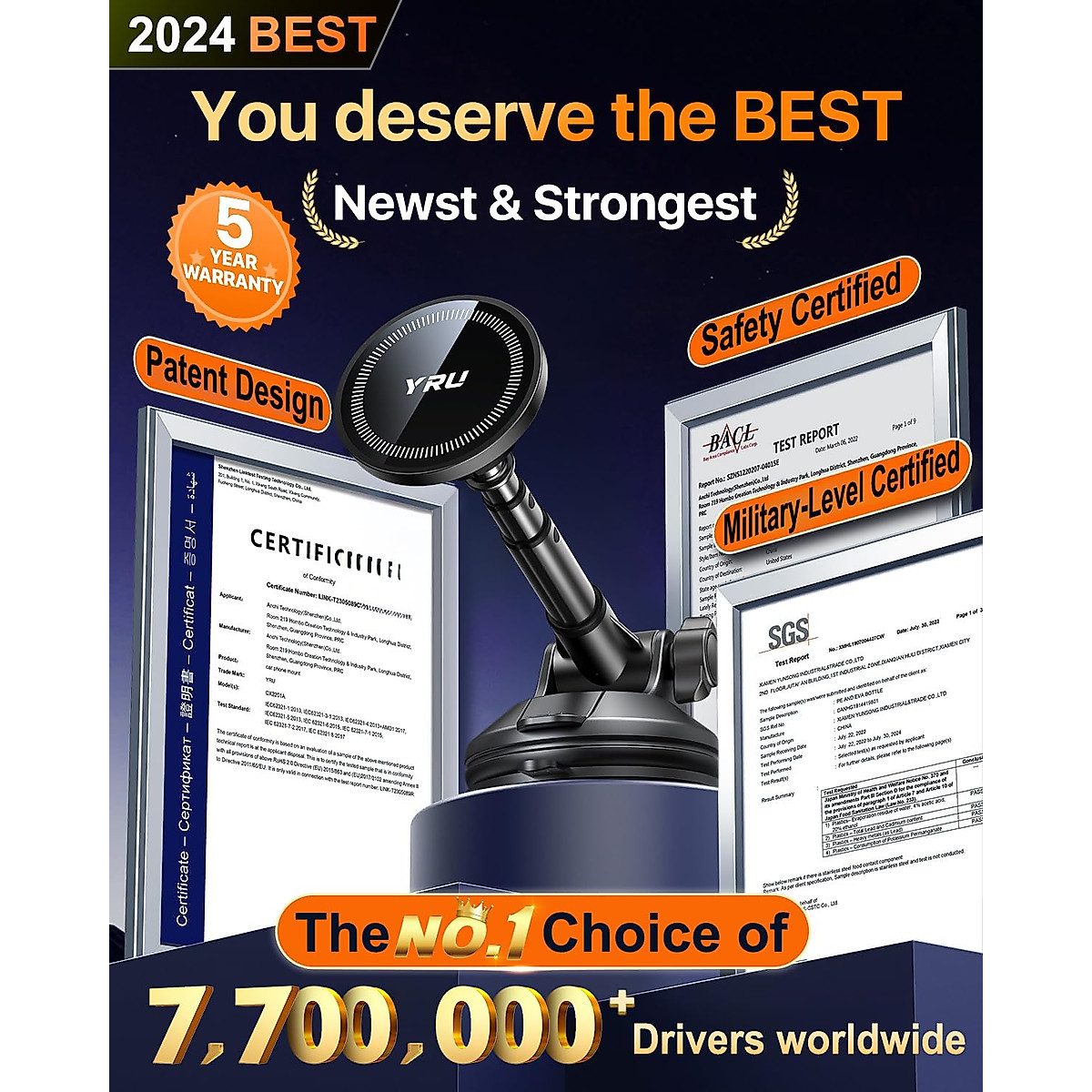 YRU [2024 Upgraded] Magnetic Phone Holder for Car【Patented & Super Magnet】 for MagSafe Car Mount Dashboard Magnet Phone Holder Windshield Phone Stand for iPhone 15 14 13 12 Pro Max Samsung, Black