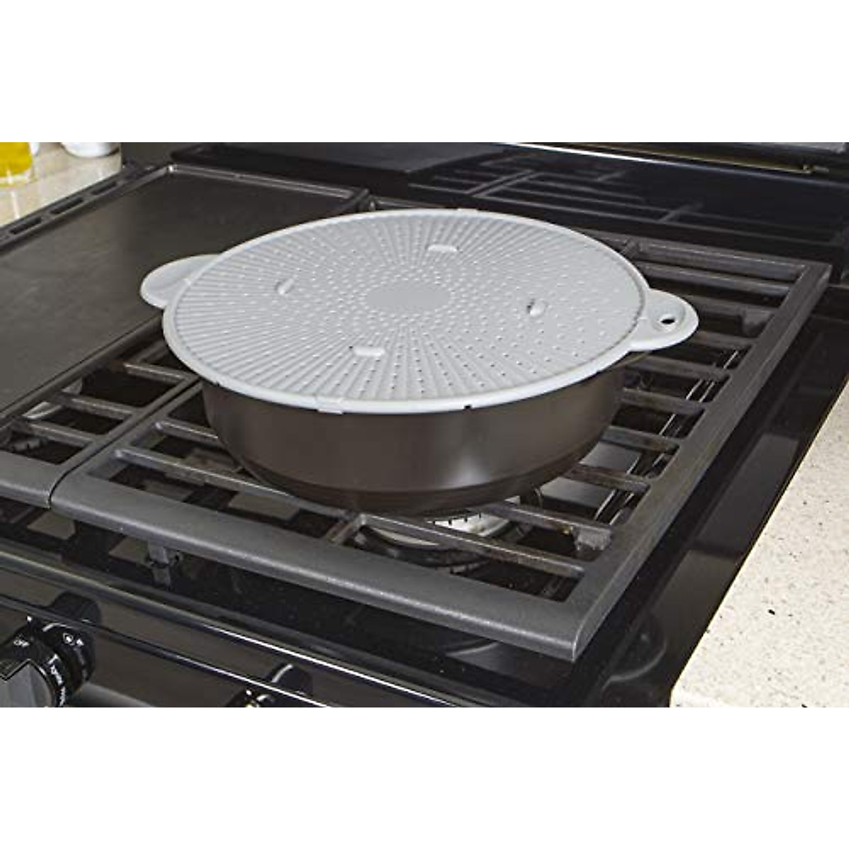 Simply Served Silicone Splatter Screen, Multi-Use Kitchen Tool, Protect Stovetop and Counters, 3-in-1 Silicone Kitchen Trivet, Splatter Screen, and Colander Lid, Gray