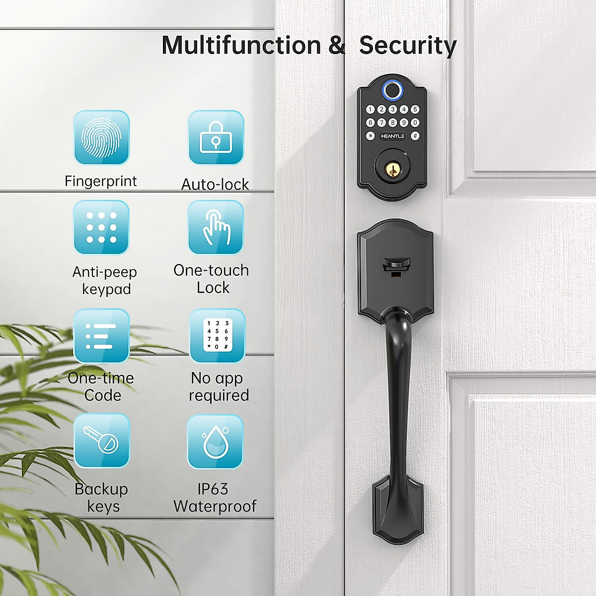 Front Door Lock Set, HEANTLE Keyless Entry Locks with Handle, Electronic Digital Keypad for Sets, Automatic Fingerprint Locksets Deadbolt Exterior, Auto Lock, Easy to Install