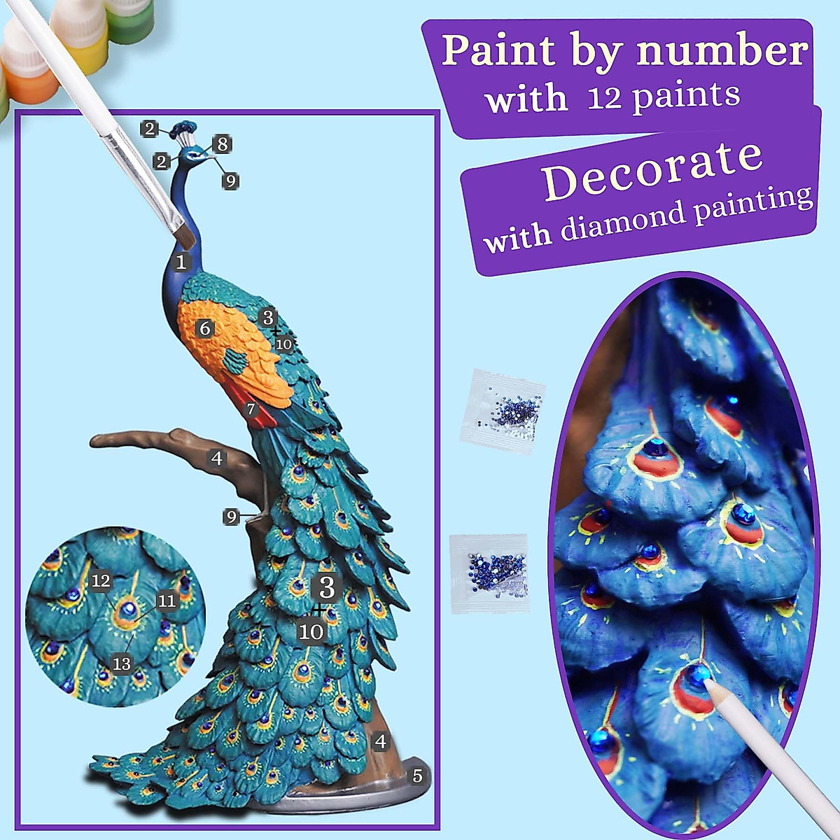 DecorSmart Figurine Arts and Craft Kits for Adults, 3D DIY Kits Hobbies for Adults Women Paint by Numbers Kit for Adults Gifts for Artist (Peacock)