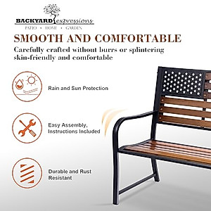 Metal American Flag Patio/Porch Bench with Wooden Slats - 46" Width, 24" Deep Seat
