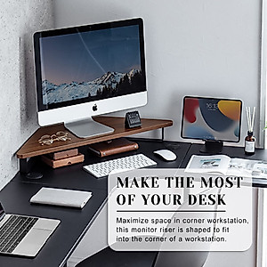 Walnut Ergonomic Computer Monitor Stand, Monitor Riser for Corner Workstation, Space Saving Corner Laptop Stand, Wooden Triangle Screen Riser