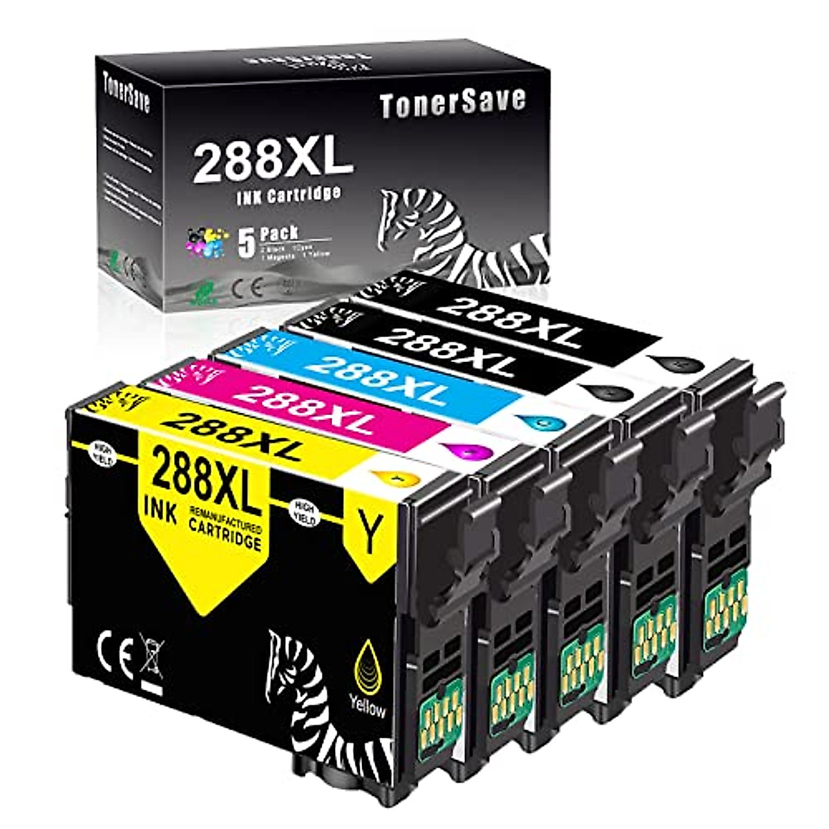 TonerSave Remanufactured 288 T288XL 288XL Ink Cartridge for Epson XP-446 XP-440 XP-330 XP-340 XP-430 (5-Pack, 2 Black Cyan Magenta Yellow, Epson 288)