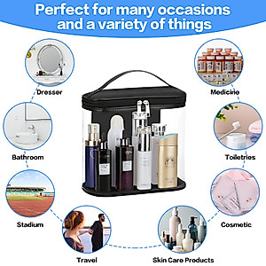 HAOGUAGUA Heavy Duty Leak Proof Clear Travel Bags for Toiletries, Transparent Makeup Cosmetic Bag with Zipper and Handle (Large, Black)