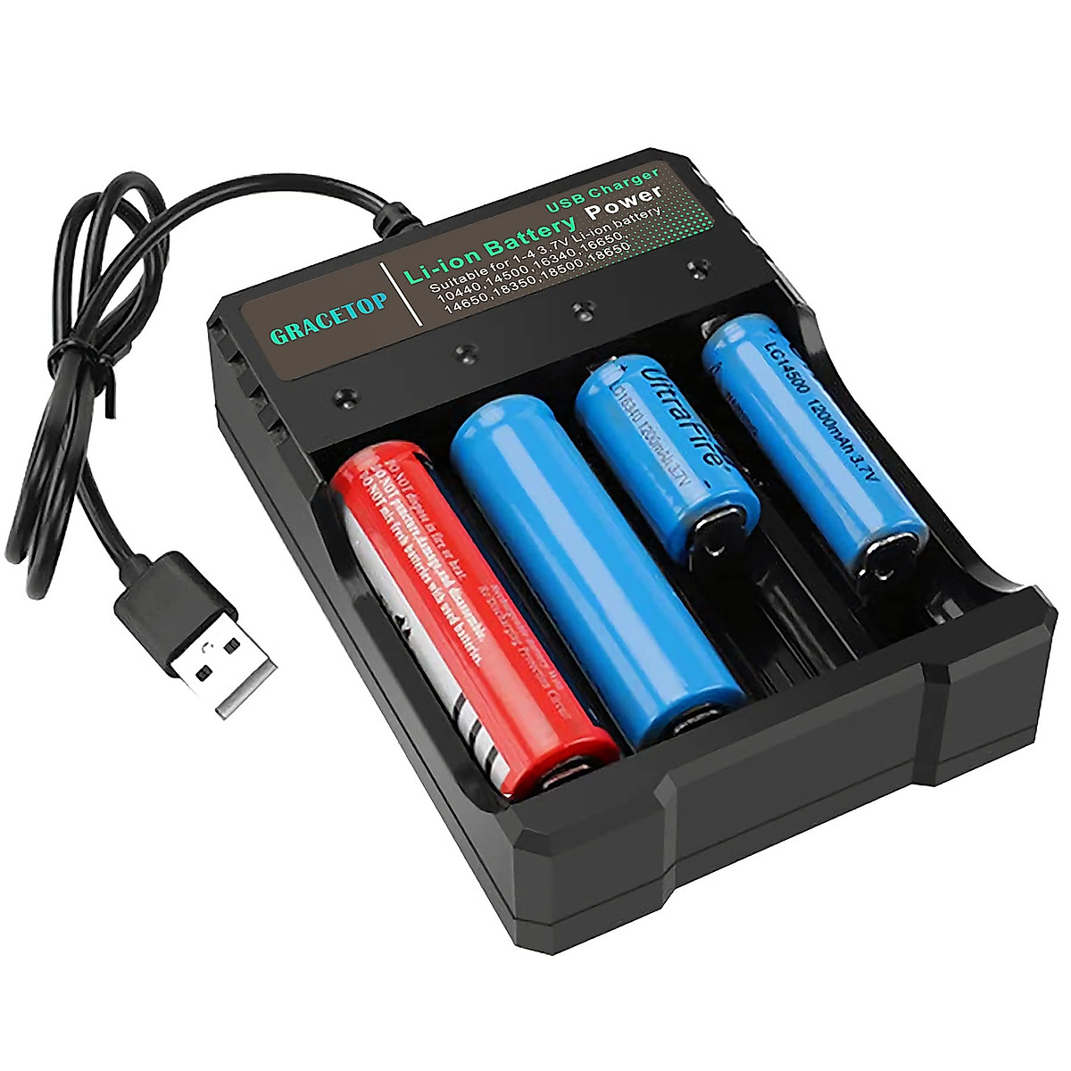 18650 Battery Charger 4-Bay 5V 2A for Rechargeable Batteries 3.7V Li-ion TR IMR 18650 14500 16340(RCR123) Red/Green Display (Not Battery)