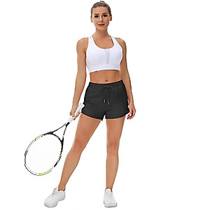 Mancreda Women's Running Shorts with Liner 3 Zipper Pockets Elastic Workout Athletic Gym Yoga Shorts(BK,M) Black