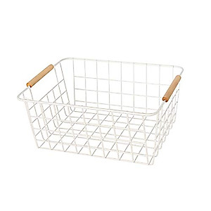 LeleCAT wire white baskets with Wooden Handles Storage Organizer Baskets, Household Refrigerator for Cabinets, Pantry, Closets, Bedrooms, kitchen - Set of 2（White）